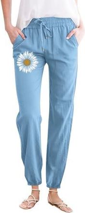 Generic Pantalon en coton et lin pour femme - Jambe large - Pantalon de plage d&eacute;t&eacute; pour femme - Confortable - Pantalon de yoga Palazzo XIYU26032, bleu clair, 