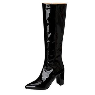 Generic Bottes Montantes Femme en Cuir Verni Bottes Gogo Talon Carré Fermeture Éclair Latérale Bout Pointu Talon Haut Rétro Chic pour Automne & Hiver Sortie S