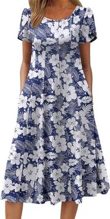 Zeagoo Robe d&eacute;t&eacute; &eacute;l&eacute;gante pour femme - Col rond - Pliss&eacute;e - Manches courtes bouffantes - Robe midi d&eacute;contract&eacute;e - Robe trap&egrave;ze avec poches - Taille S &agrave; XXL, 