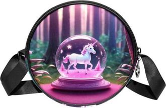 Generic Sac &agrave; bandouli&egrave;re rond pour femme, motif licorne et boule de cristal, petit sac &agrave; bandouli&egrave;re avec fermeture &eacute;clair, bretelles r&eacute;glables, sac &agrave; main r