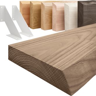 Lamofootwear Manufaktur Wandregal Holz Baumkante | Regal Farbe: Nussbaum | mit weißem Vintage Regalträger | 100 cm