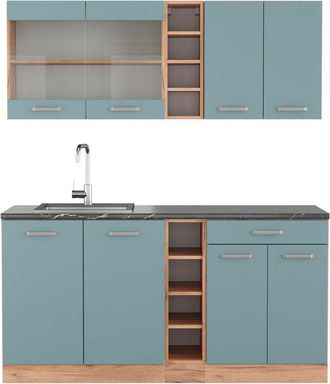 Vicco Singleküche R-Line, Blau-Grau/Goldkraft Eiche, 160 cm, AP Anthrazit, Vicco