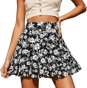 Generic Robe boh&egrave;me 2026 pour femme - Jupe trap&egrave;ze &agrave; imprim&eacute; floral boh&egrave;me avec ourlet &agrave; volants - Style d&eacute;contract&eacute; - Confortable - Tissu doux extensible - P