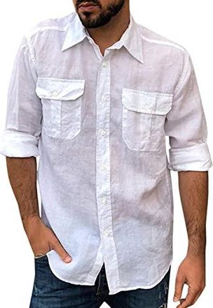 Generic Chemise à manches longues en lin pour homme - 2 poches avant - Boutonné - Manches longues - Couleur unie - Coupe droite, Blanc., XXXL