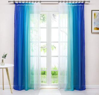 Joyswahl Delien Voile Gardine mit Farbverlauf Design transparenter Vorhang mit Kräuselband Wohnzimmer Fensterschals (2 Stück, je 245x140cm), blau