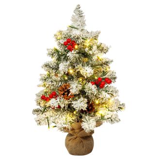 AGM Mobile 55 cm Tisch Weihnachtsbaum Klein mit praller Flocked Schneetanne 40leds Lichterketten Deko 28 Rote Beeren 5 Tannenzapfen 20inch K&uuml;nstlicher Christb&auml;um