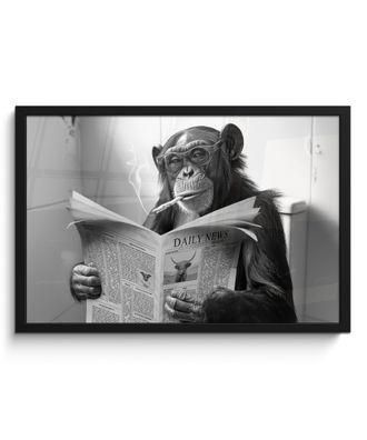 MuchoWow © Bilder mit Rahmen 60x40 cm Poster Wanddekoration Wohnzimmer Deko Modern Geschenke Bilderrahmen Affe - Toilette - Zeitung - Schwarz-weiß - Humor