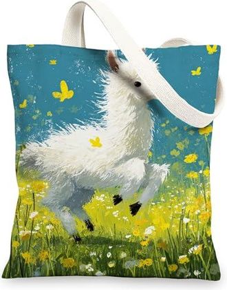 Generic Sacs en toile motif chèvre respectueux de lenvironnement, réutilisables, motif floral, léger, lavable avec bandoulière, Floral, 13x15 Inch