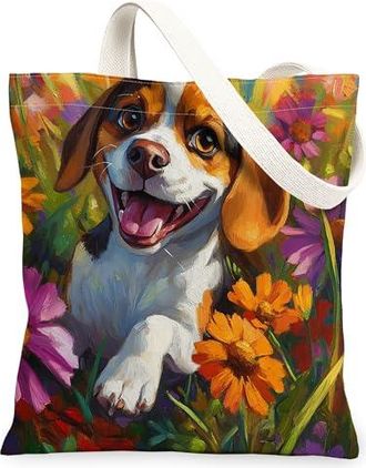 Generic Sac fourre-tout en toile motif beagle printanier 33 x 38,1 cm, motif fleurs color&eacute;es, sac d&eacute;picerie r&eacute;utilisable pour femme, animal de compagnie, d&eacute;co