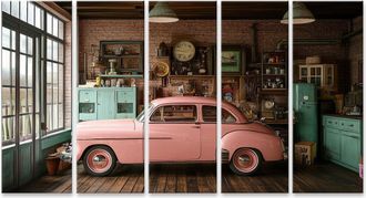 Islandburner Bild auf Leinwand Rosa Auto in rustikaler Garage mit Vintage Dekor für Wohnzimmer Autoliebhaber Autohaus Bilder Wandbilder Poster