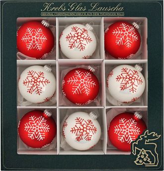 Krebs Glas Lauscha Weihnachtsdekoration/Christbaumschmuck aus Glas - Weihnachtskugeln - Motiv: Schneeflocken Rot/Weiß - 9 Stück - Größe: ca. 8 cm