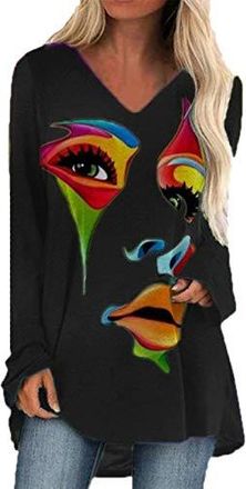 Keephen Femmes R&eacute;sum&eacute; Visage Imprim&eacute; T-Shirts &Agrave; Manches Longues Tunique D&eacute;contract&eacute;e Tops Pull Sweatshirts avec Plus La Taille