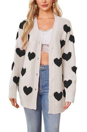Generic Cardigan en tricot boutonn&eacute; &agrave; col en V en forme de coeur pour la Saint-Valentin 2026, imprim&eacute; coeur damour ouvert sur le devant, Noir et abricot, XL