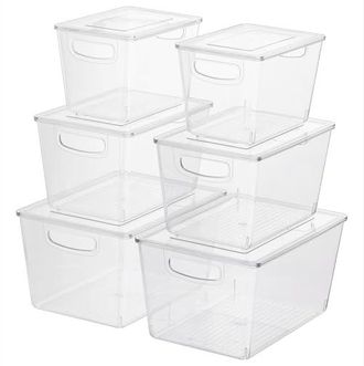 Navaris Lot 6 Boites pour R&eacute;frig&eacute;rateur - 6x Bac 3 Tailles Diff&eacute;rentes avec Poign&eacute;es et Couvercle - Bo&icirc;te Empilable Compartiment de Rangement pour Aliments V&ecirc;