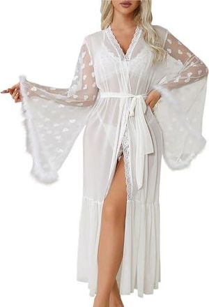 Generic Robe de chambre en tulle scintillante pour femme avec bordure &agrave; manches longues et ceinture sexy en maille - Robe de nuit pour homme, Z2 - Blanc., S