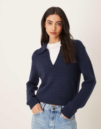 Calvin Klein Jeans Pull en boucl&eacute; &agrave; col polo - Bleu marine