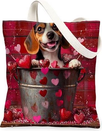 Generic Sac fourre-tout en toile motif chien beagle pour faire du shopping, 33 x 38,1 cm, sac d&eacute;picerie r&eacute;utilisable pour la Saint-Valentin, sac d&eacute;picerie pou