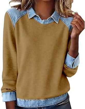 Generic Pull Femme Col Manches Longues Tops Denim Patchwork Sweatshirt Femme Sans Capuche Casual Mode T-shirt &agrave; Manches Longues Chemisier Contraste Femme Pull