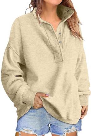 Generic Sweat-shirt d&eacute;contract&eacute; &agrave; boutons pour femme, pull surdimensionn&eacute; &agrave; manches longues, coupe ample, haut dautomne doux, abricot, XXL
