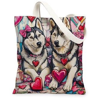 Generic Sac fourre-tout en toile pour la Saint-Valentin - Motif chien Pitbull - 33 x 38 cm - R&eacute;utilisable - Impression de chiot en verre teint&eacute; - Pour femme -