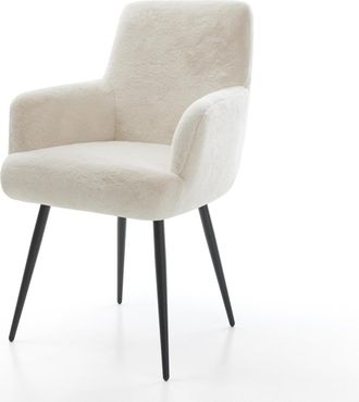 DELIFE Esszimmerstuhl Heira-Flex mit Armlehnen Plüsch Creme-Weiß 4-Fuß konisch Schwarz Taschenfederkern, Esszimmerstühle