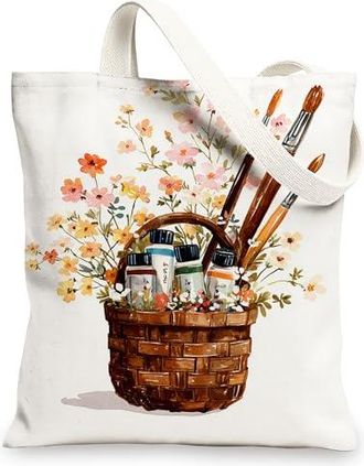 Generic Sac fourre-tout en toile à motif floral, respectueux de lenvironnement, sacs réutilisables vintage chic léger lavable en toile à bandoulière, blanc, 1