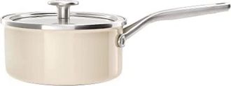 KitchenAid Steel Core Enamel Stielkasserolle mit Deckel (18cm/2l), deutsche Emaille, Induktionsgeeignet, backofenfest, spülmaschinenfest, Crème