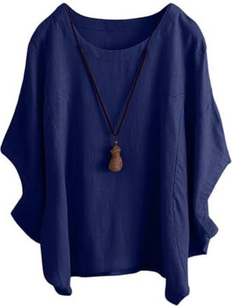 ORANDESIGNE Chemise Lin Femme Chemisier Coton Et Lin Col Rond Manches Chauve-Souris Tops Unie Lâche Respirant T-Shirts Demi-Manches Casual Lin Tunique Blouse Pas 