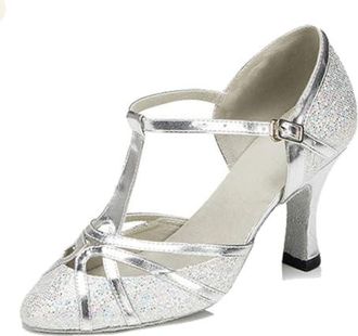 MGM-Joymod Chaussures de Danse pour Femme Bride en T Bout fermé Paillettes Synthétiques Soirée de Mariage Tango Salle de Bal Moderne Amérique Latine, L2040 Argen