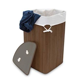 Relaxdays Eckwäschekorb Bambus, faltbare Wäschebox 60 l, platzsparend, Wäschesack Baumwolle, 65 x 49,5 x 37 cm, braun