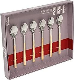 Pintinox Pintinox Lot de 6 cuill&egrave;res &agrave; caf&eacute; Moka en acier inoxydable sans nickel, avec poign&eacute;es effet bois, couleur bouleau, dimensions : 11,5 cm