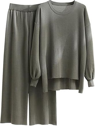 Generic Femme 2 Pcs Pull Ensemble Tricoté Hiver Sweater Top en Maille Sweatshirt Chaud Chandail Sport Pantalon Jambe Large Hiver Ensemble Sportswear Loisir Te