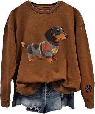 Generic Sweat-shirt pour femme Printemps et Automne Imprim&eacute; Art Chien Dr&ocirc;le Teckel Automne Sweat-shirt, marron, M