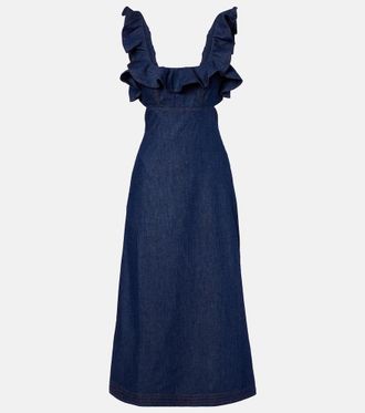 Zimmermann Robe midi Aster en denim &agrave; volants