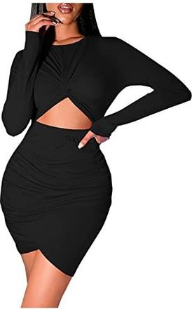Generic Robe amincissante 2026 pour femme, robe &agrave; manches longues, l&eacute;g&egrave;re, col rond, couleur unie, taille ajour&eacute;e, taille midi, Noir, XL