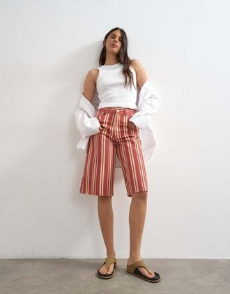 Topshop Bermuda en jean &agrave; rayures - Rouge