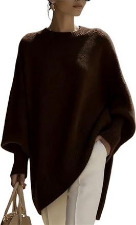 Generic Pull d&eacute;contract&eacute; &agrave; col rond et manches chauve-souris en tricot ample tendance r&eacute;tro paresseux manteau printemps c&ocirc;tel&eacute; chaud ch&acirc;le pull tops, caf&eacute;, XX