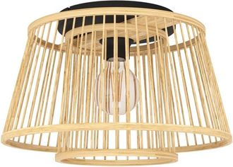 Eglo Eglo - Deckenlampe Hykeham, Deckenleuchte mit 2 Lampenschirmen aus Bambus, Boho Wohnzimmerlampe aus nat&uuml;rlichem Holz und Metall in schwarz, Holzlampe
