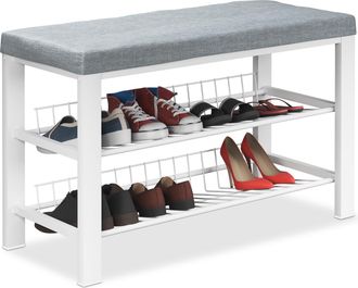 Relaxdays Schuhbank, Polsterbank mit Schuhablage, 2 Ebenen für Schuhe, HBT: 50,5 x 82 x 33 cm, Stoff & Metall, grau/weiß