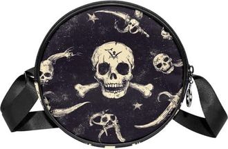 Generic Sac &agrave; bandouli&egrave;re rond pour femme, motif cr&acirc;nes de pirates noirs, petit sac &agrave; bandouli&egrave;re avec fermeture &eacute;clair, bretelles r&eacute;glables, sac &agrave; main rond 