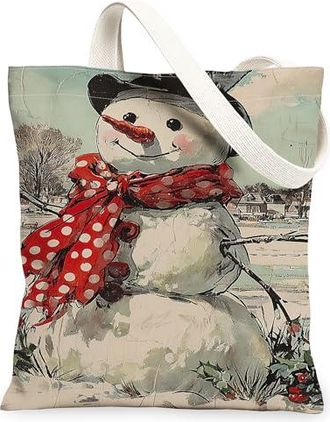 Generic Sacs fourre-tout en toile motif bonhomme de neige dhiver, sacs d&eacute;picerie r&eacute;utilisables, art vintage, l&eacute;ger, lavable, blanc, 13x15 Inch