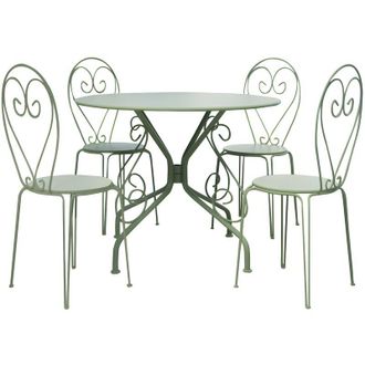 Vente-Unique Salle &agrave; manger de jardin en m&eacute;tal fa&ccedil;on fer forg&eacute; : une table D.120cm et 4 chaises empilables - Vert amande - GUERMANTES de MYLIA
