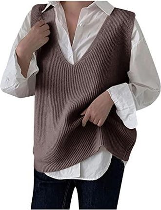 Generic Pull d&eacute;contract&eacute; sans manches avec col en V et maille c&ocirc;tel&eacute;e pour femme, caf&eacute;, Taille unique