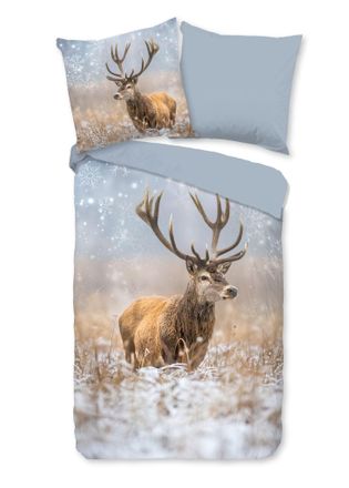 JACK Flanell Wende Bettw&auml;sche 2 TLG. 135x200cm Hirsch Schneezauber Feld Schneeflocke
