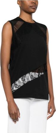 Pinko Pinko, Femme, Tops, Noir, Taille: 40 FR D&eacute;bardeur &agrave; panneaux de dentelle et col rond