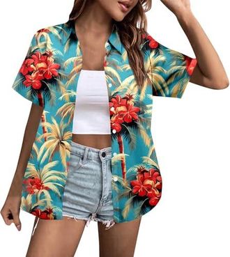 Generic Chemise tropicale des Cara&iuml;bes boutonn&eacute;e pour femme - Chemise hawa&iuml;enne &agrave; manches courtes - Motif floral hawa&iuml;en - Palmier hawa&iuml;en - Vacances - Graphi