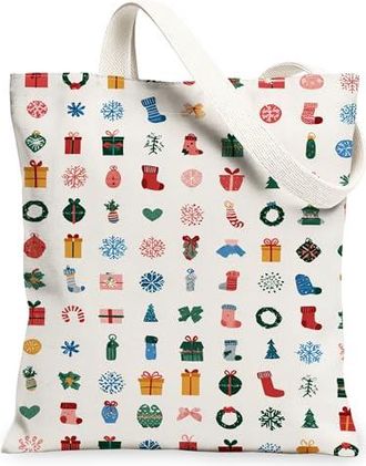 Generic Sacs fourre-tout en toile de No&euml;l, motif festif, sacs d&eacute;picerie r&eacute;utilisables, l&eacute;gers et lavables avec bandouli&egrave;re en toile pour photos de plage, blan