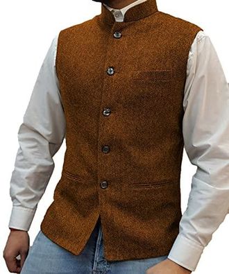 Solovedress Gilet Costume Homme Vintage Sans Manche Mariage Tweed Col haut Chevrons(Orange, L)