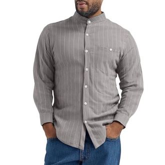 Generic Chemise d&eacute;t&eacute; en coton et lin pour homme - Chemise tendance en lin ray&eacute; - Col montant - Coupe ample - Respirant - D&eacute;contract&eacute; - Chemise &agrave; manches longu