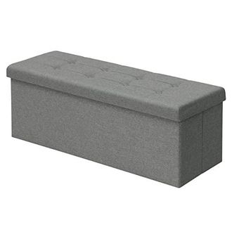 Woltu Banc de Rangement Pliable, Pouf Tabouret Rembourré de Grande Capacité de 118L, Charger 300KG, en Lin, 110x37,5x38cm, Gris Clair